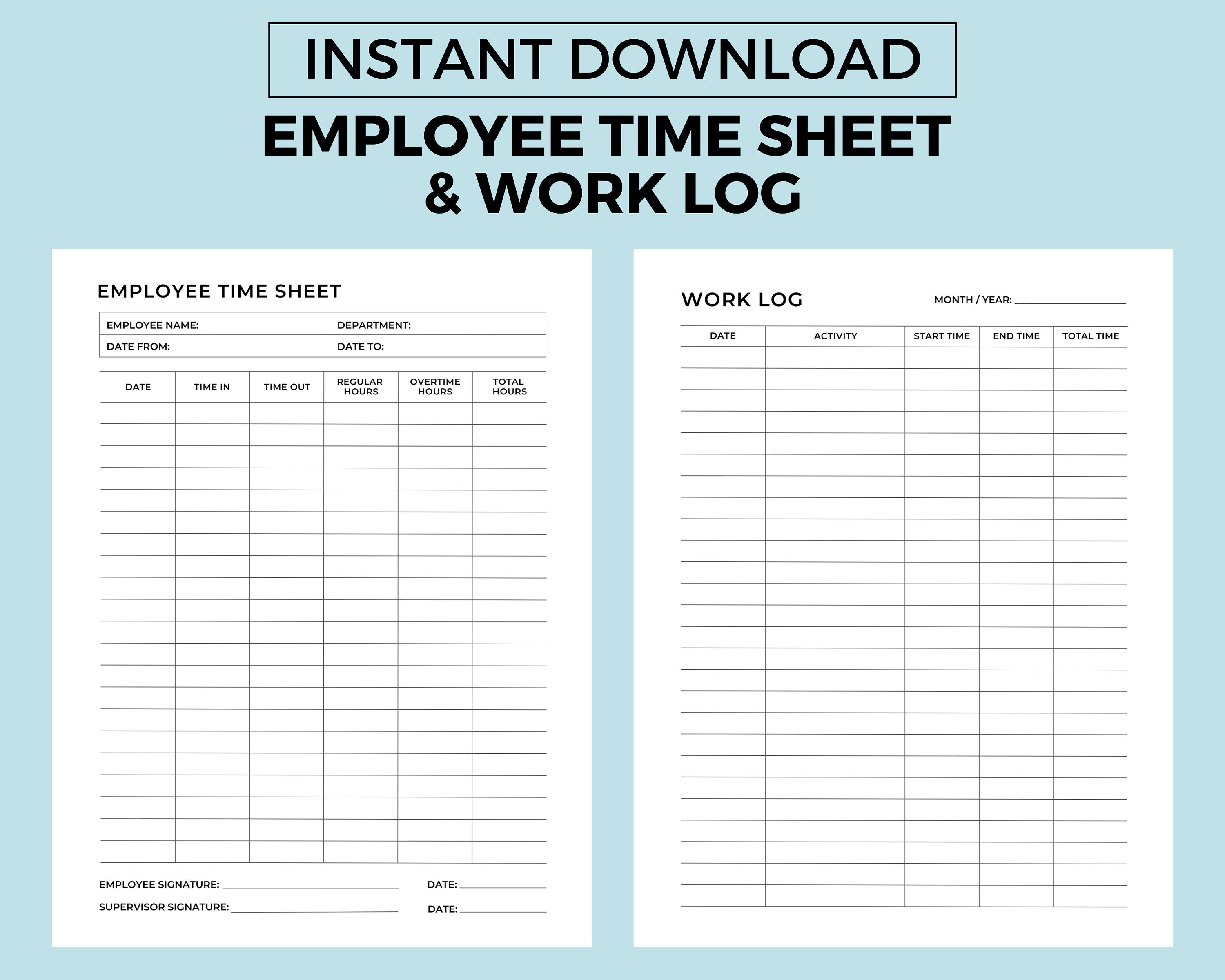Employee Time Sheet Log Printable Time Sheet Tracker, Work Hours Log ...