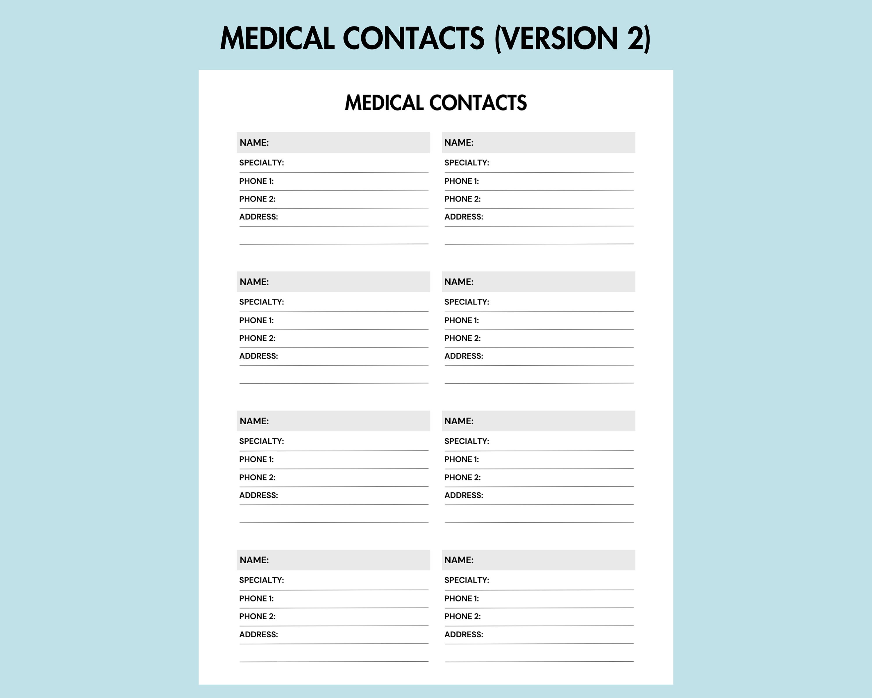 Emergency Contact List Printable Medical Contact Information Sheet PDF ...