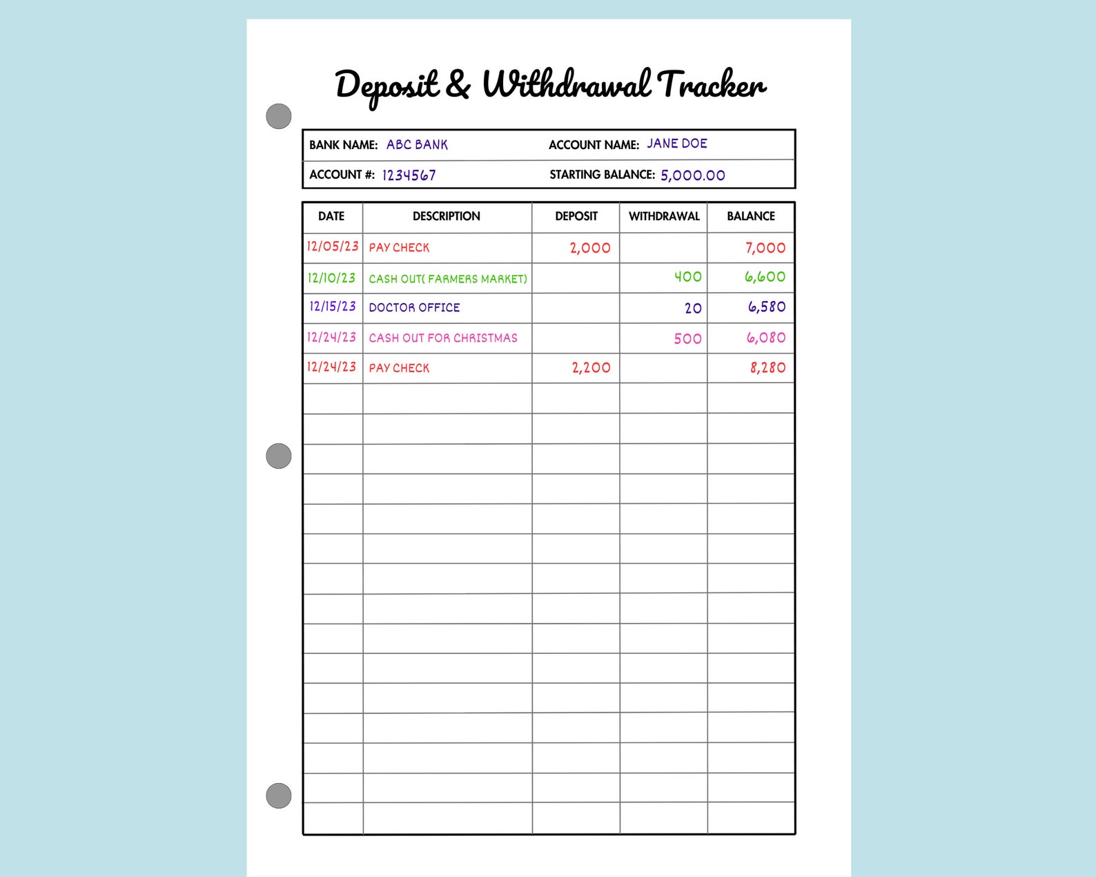 Deposit & Withdrawal Tracker Printable Bank Account Ledger PDF ...