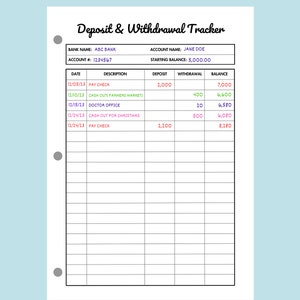 Deposit & Withdrawal Tracker Printable Bank Account Ledger PDF ...