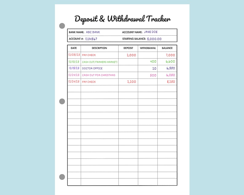 Deposit & Withdrawal Tracker Printable Bank Account Ledger PDF ...