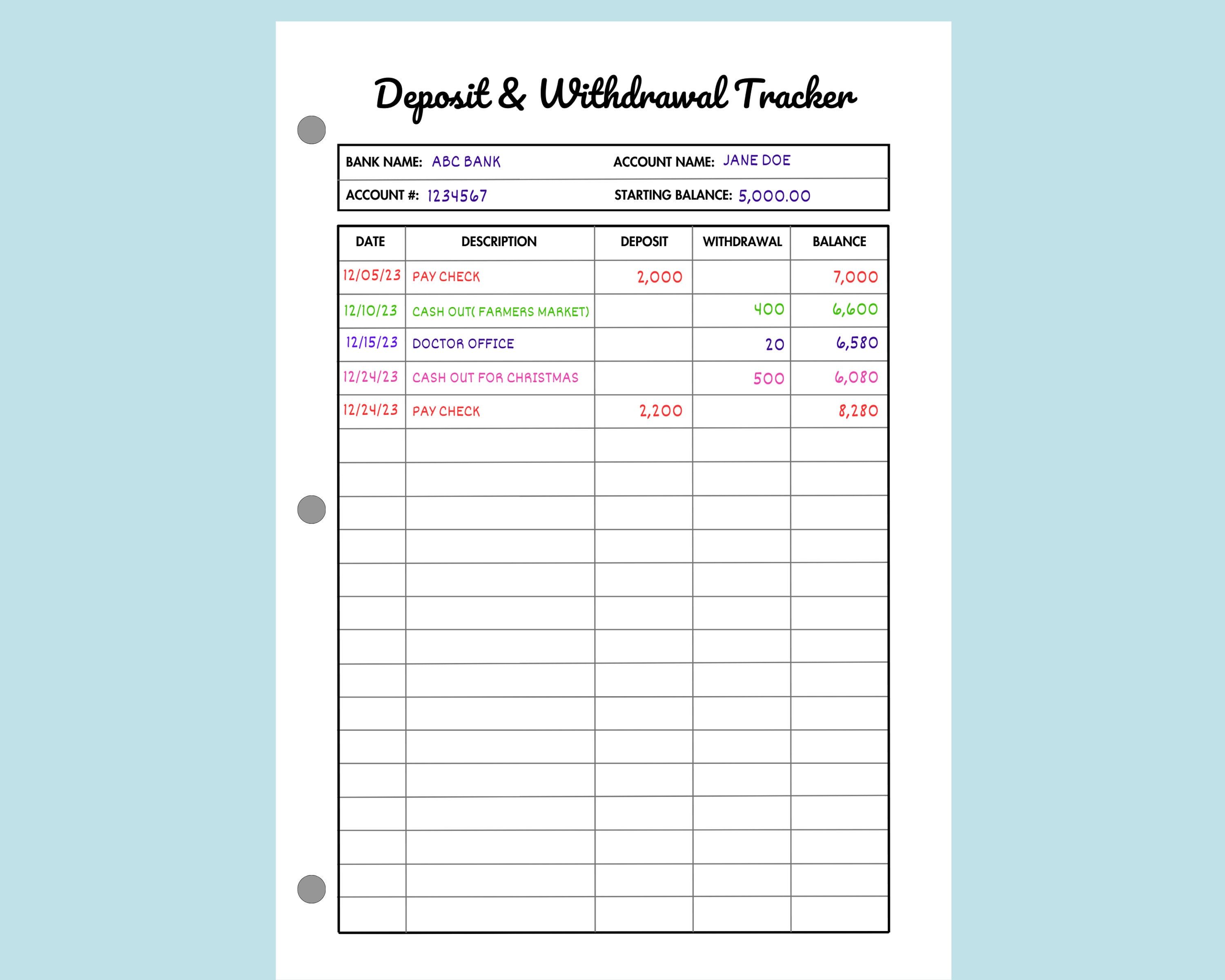 Deposit & Withdrawal Tracker Printable Bank Account Ledger PDF ...