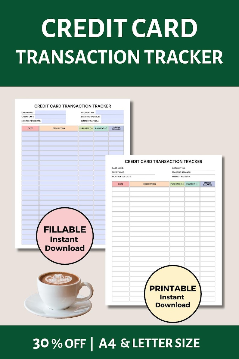 Credit Card Transaction Tracker Printable and Fillable Credit Card Debt ...