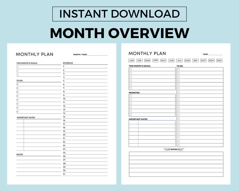 Monthly Overview Planner Printable Instant Download Monthly - Etsy