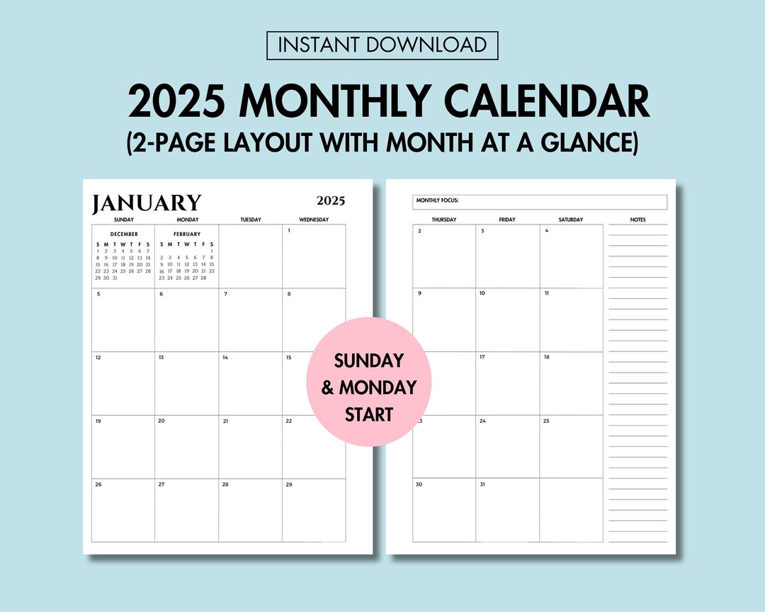 2025 Monthly Calendar Printable 2 Page Spread 2025 Monthly Planner With ...