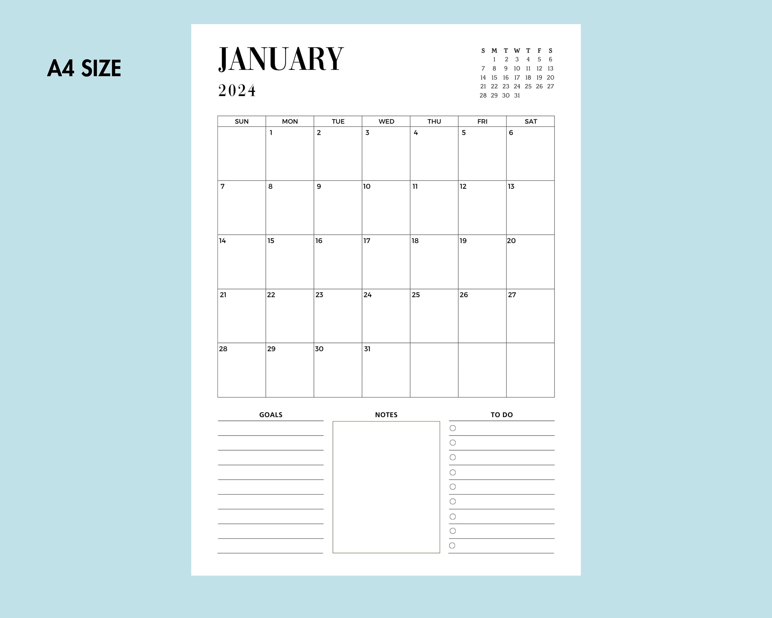 Monthly Calendar 2024 Printable, Yearly Planner 2024, Sunday Monday ...