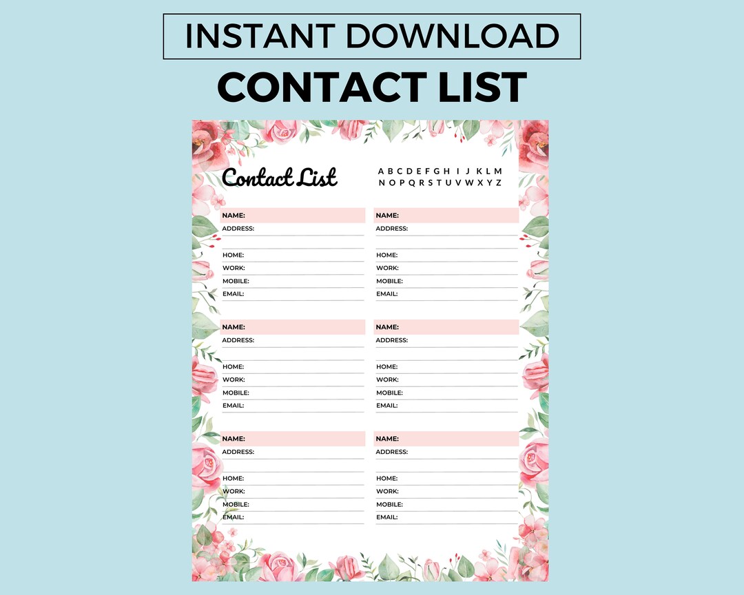 Contact List Printable Instant Download, Floral Contact Organizer ...