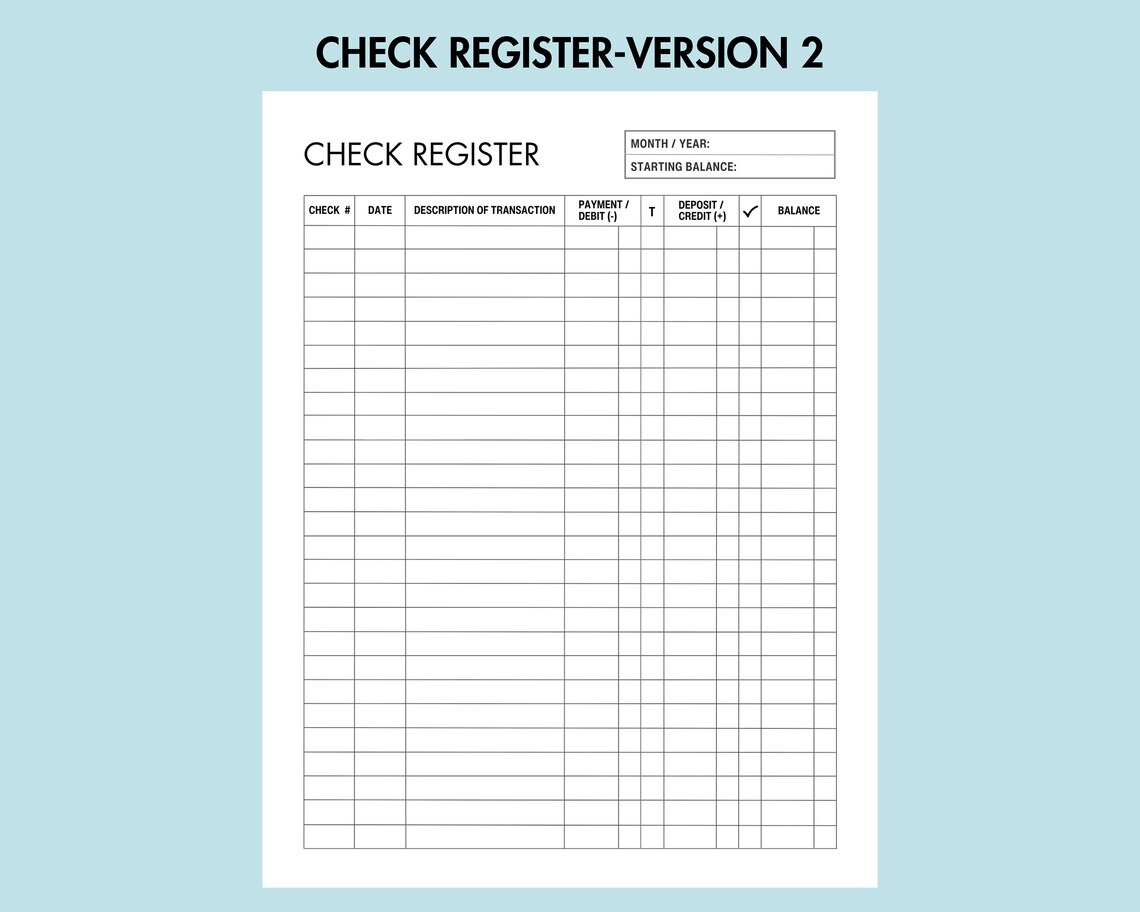 Checkbook Register Printable Check Transaction Tracker Check Ledger ...