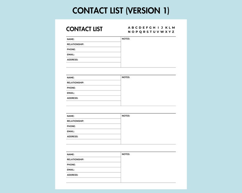 Contact List Printable Address Book PDF Home Emergency Contact List ...