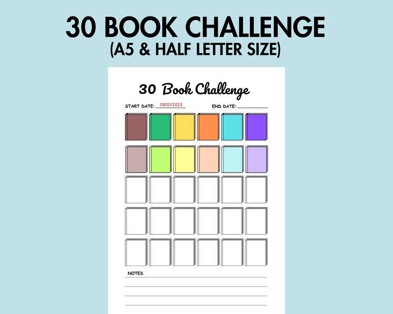 Reading Challenge Printable Book Tracker Reading Log, 30 Book Challenge ...
