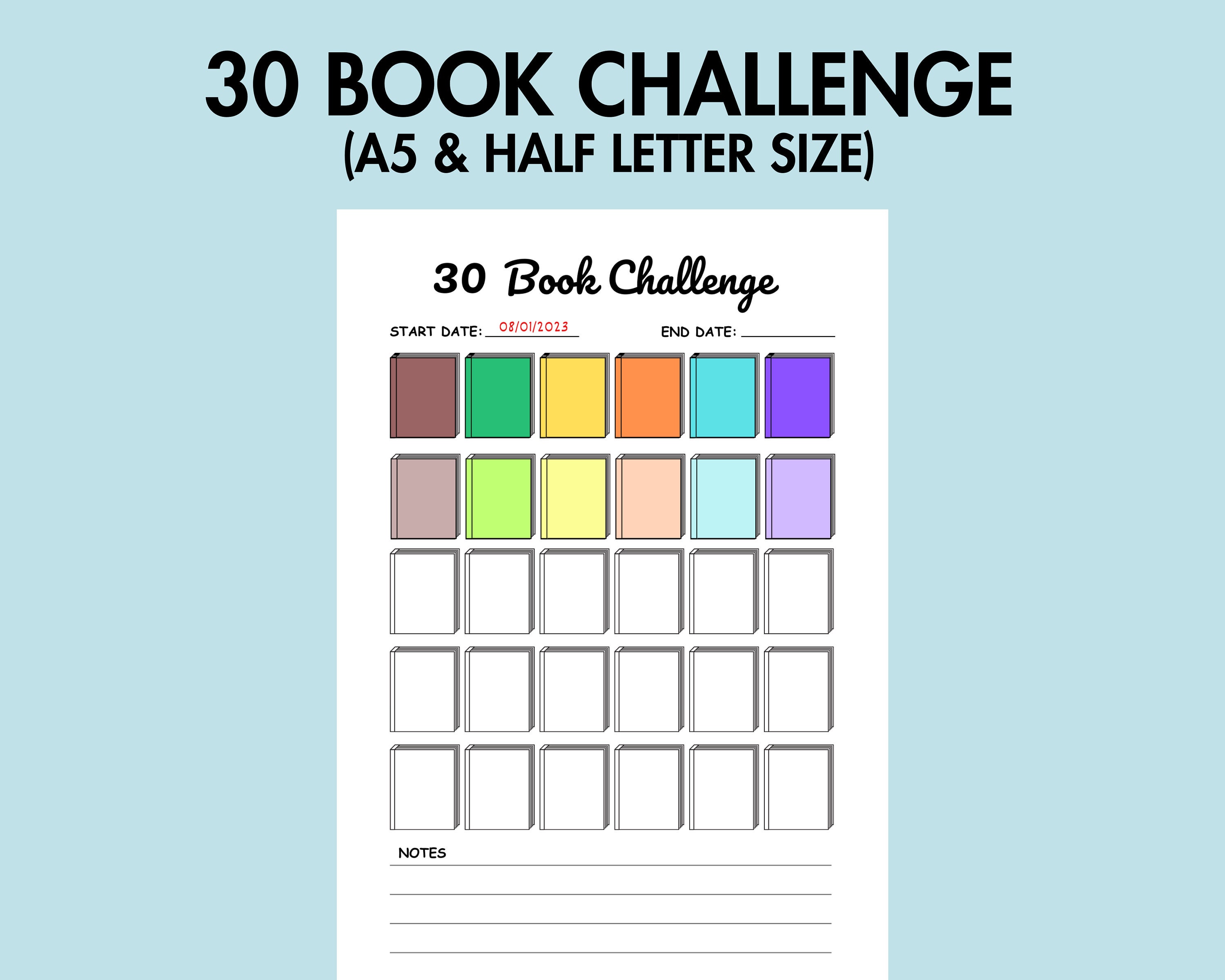 Reading Challenge Printable Book Tracker Reading Log, 30 Book Challenge ...
