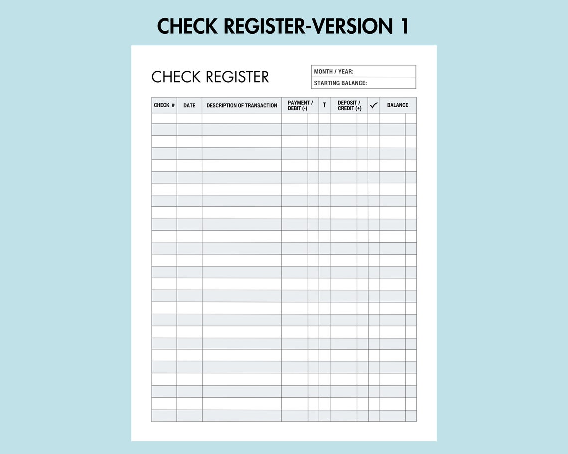 Checkbook Register Printable Check Transaction Tracker Check Ledger ...