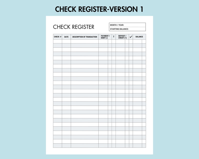 Checkbook Register Printable Check Transaction Tracker Check Ledger ...