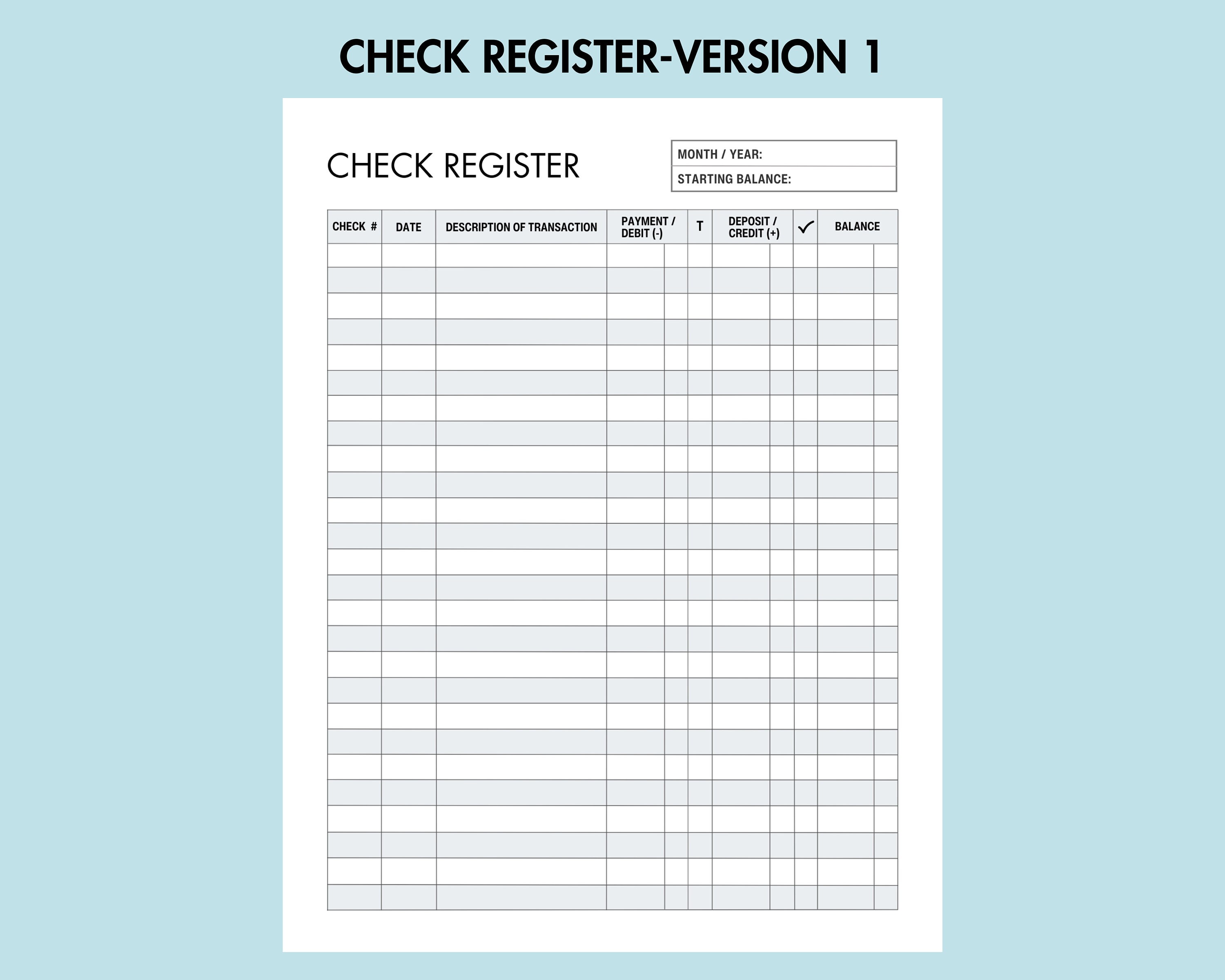 Checkbook Register Printable Check Transaction Tracker Check Ledger ...