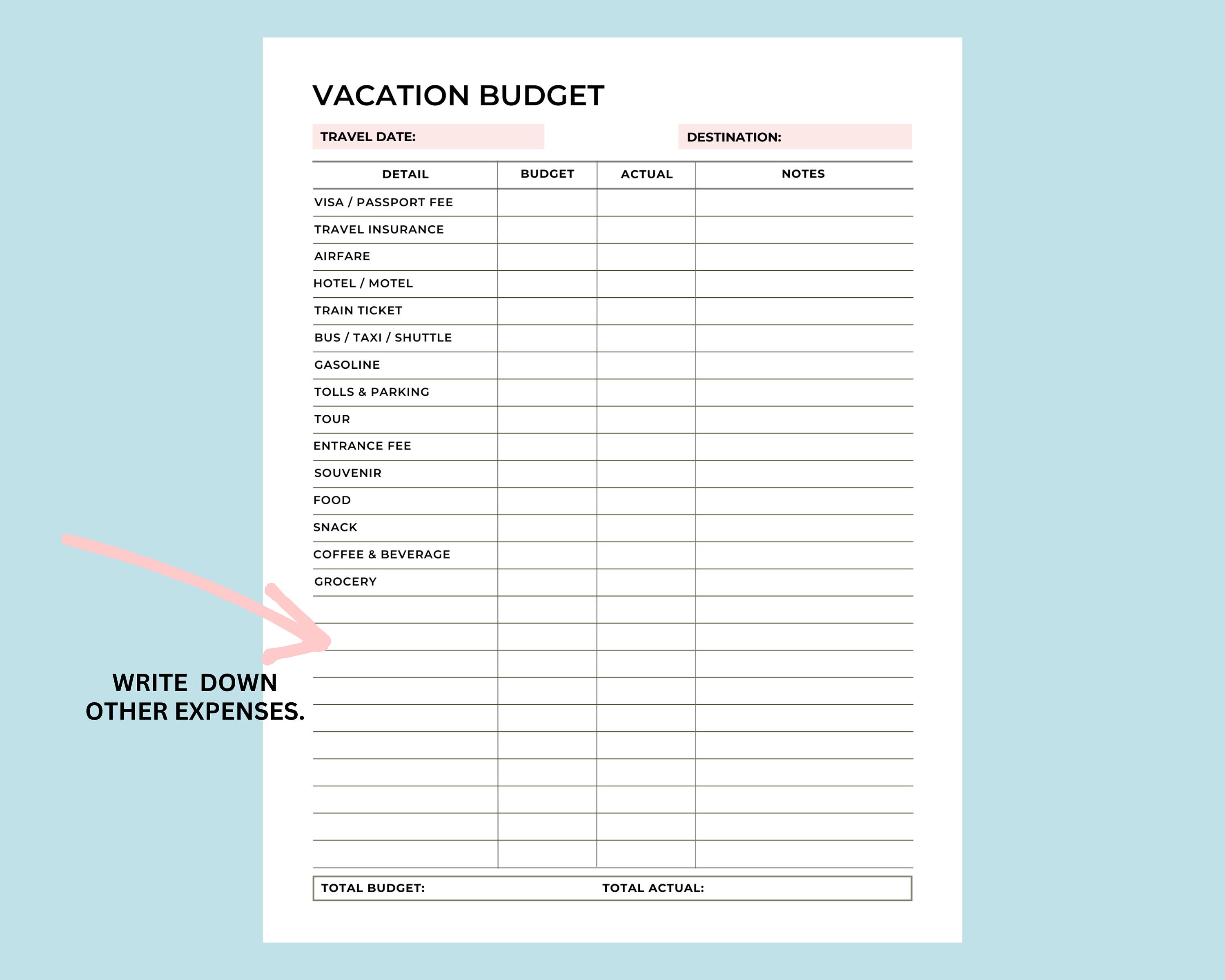 Vacation Budget Planner Printable Travel Budget Planner, Vacation ...