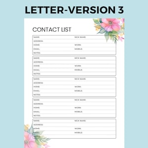 Contact List Organizer Printable Address Book Page PDF Phone Number ...