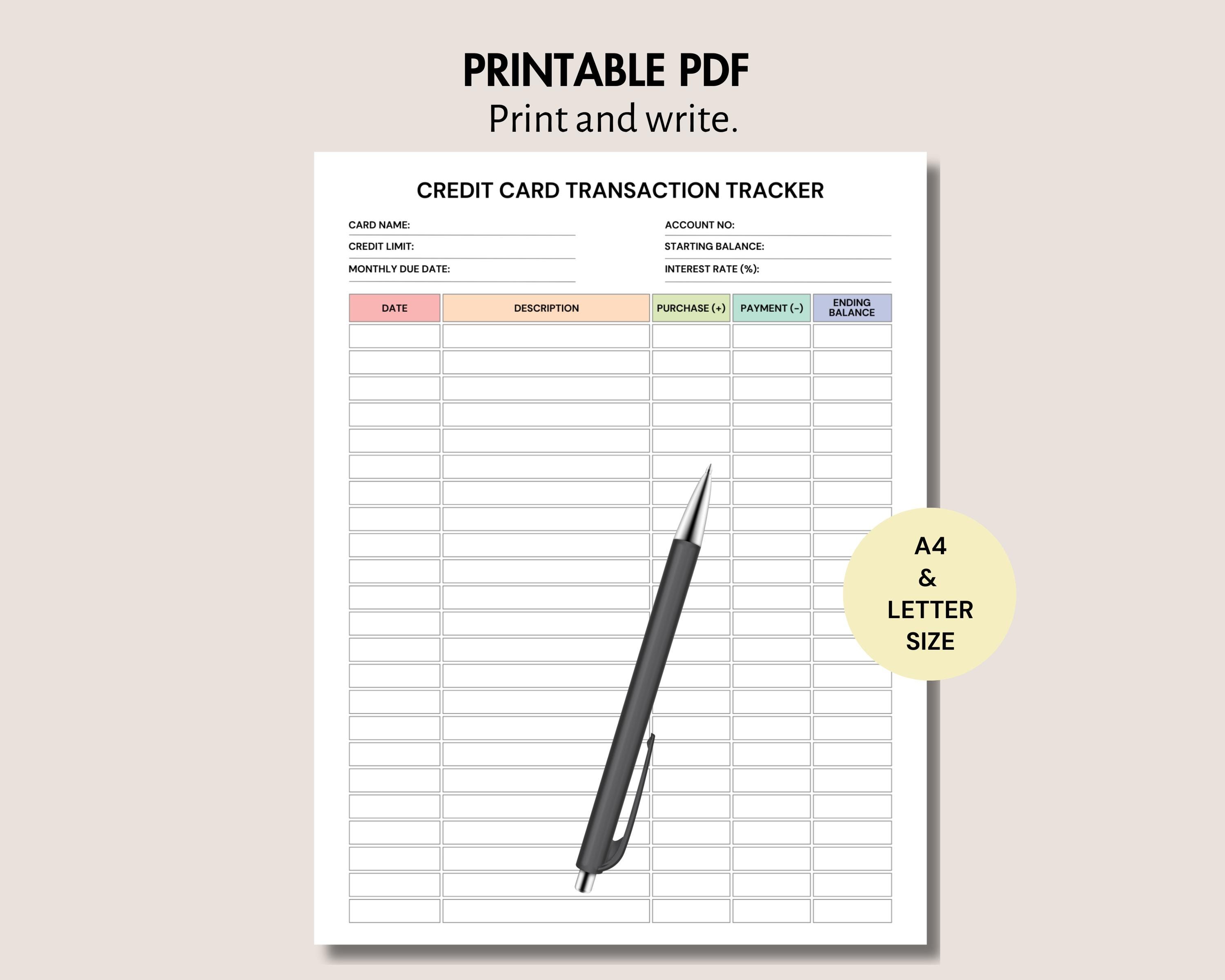 Credit Card Transaction Tracker Printable and Fillable Credit Card Debt ...