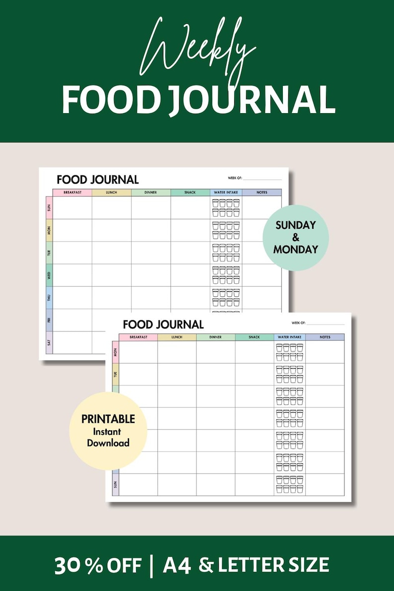 Weekly Food Journal Printable Weekly Food Diary, Meal Prep Planner With ...