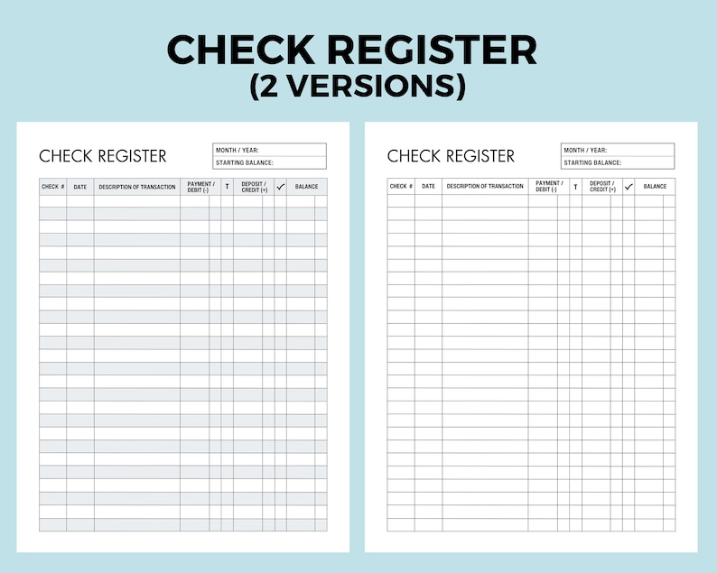 Checkbook Register Printable Check Transaction Tracker, Check Ledger ...