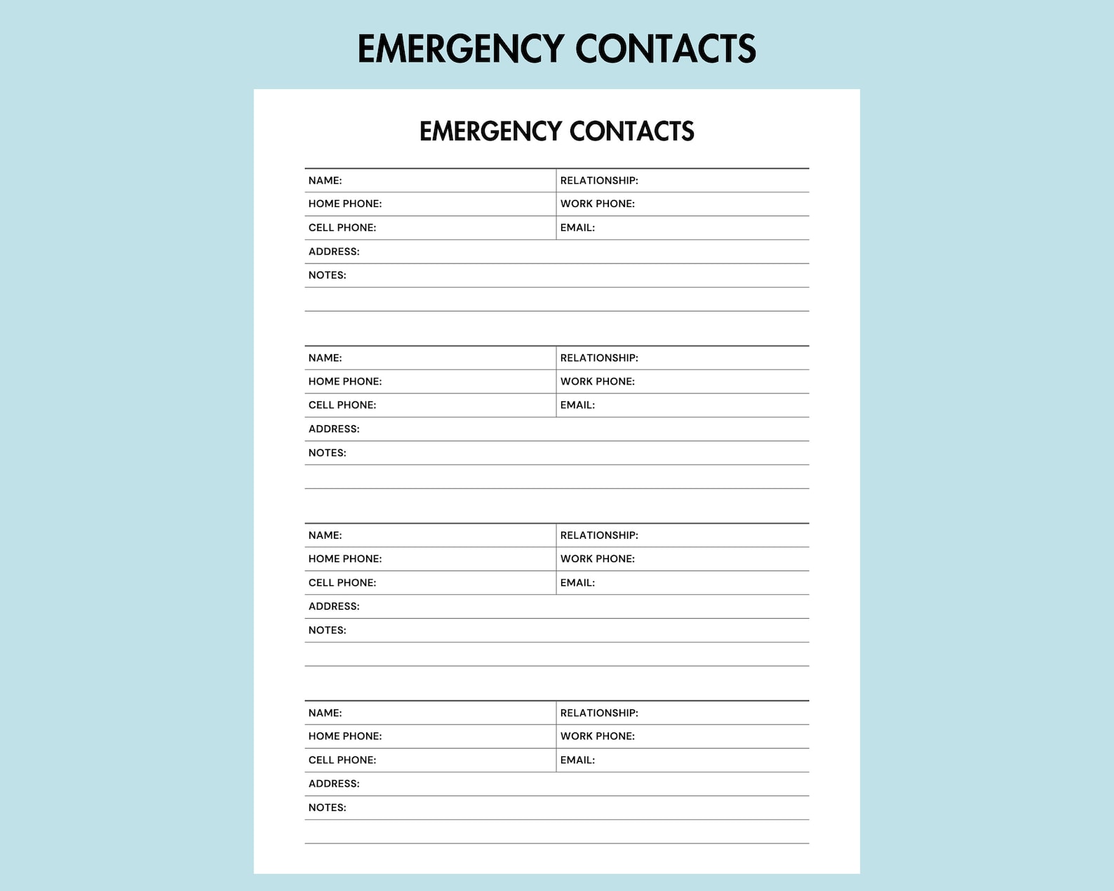 Emergency Contact List Printable Medical Contact Information Sheet PDF ...