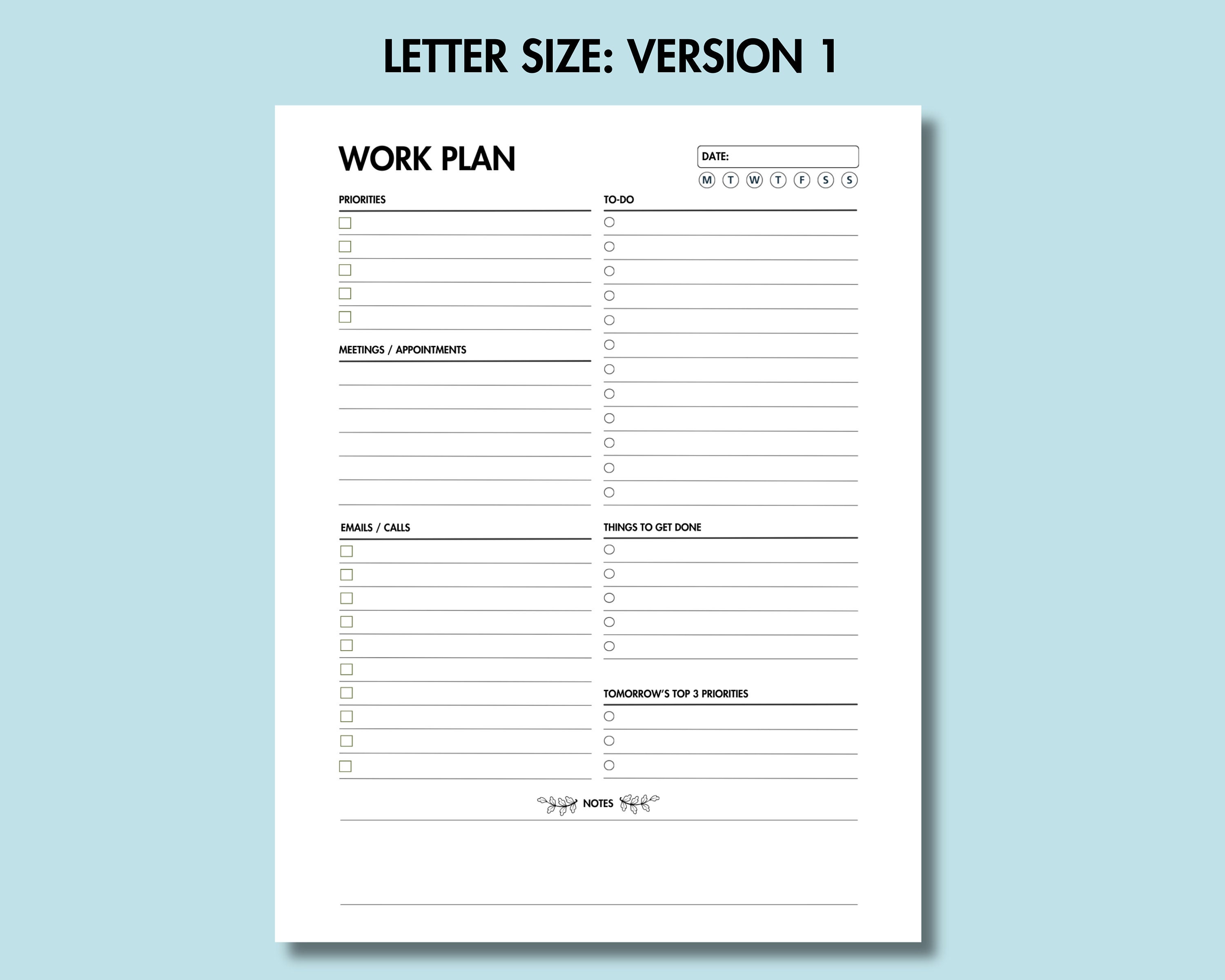 Work Planner Printable Daily Work Day Organizer Office Task Planner ...
