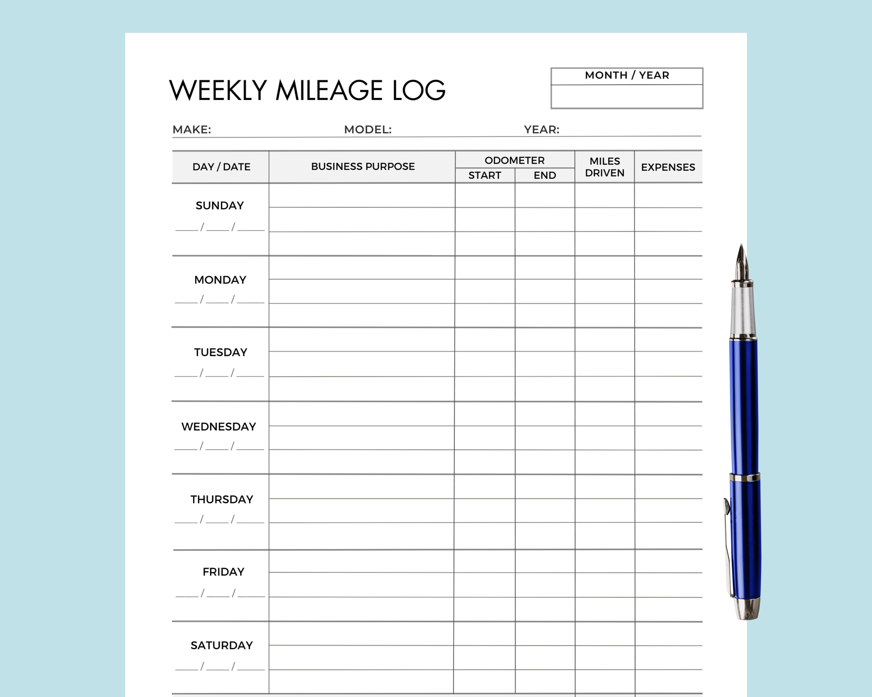 Weekly Business Mileage Log Printable Weekly Mileage Log Tracker PDF ...