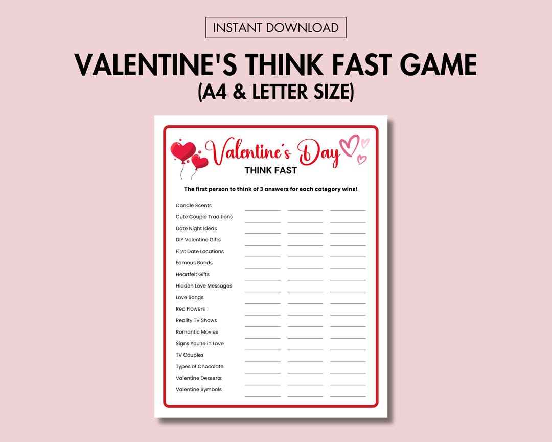 Valentine Think Fast Game Printable Valentine Day Party Game Instant ...