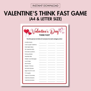 Valentine Think Fast Game Printable Valentine Day Party Game Instant ...
