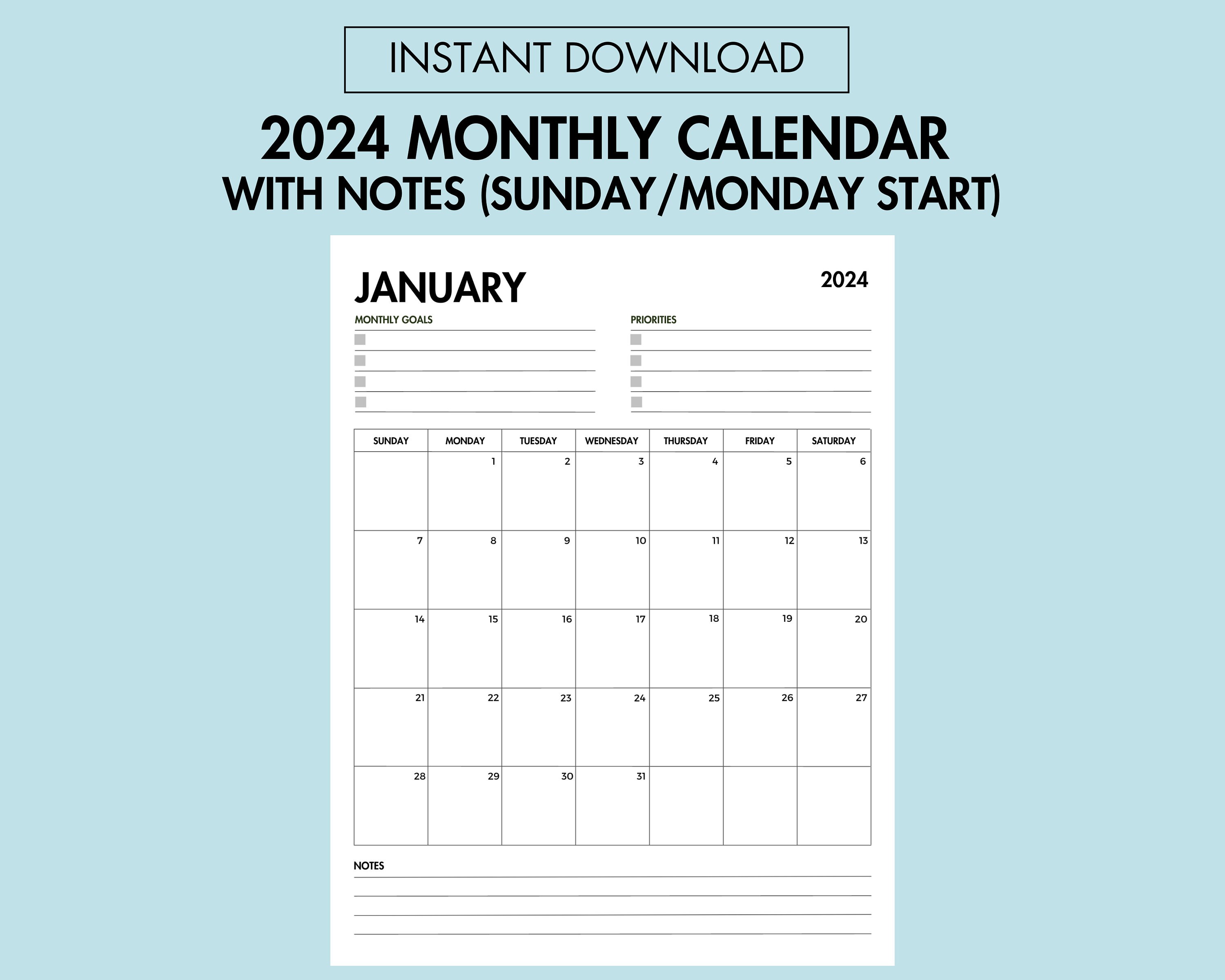 2024 Monthly Calendar Planner Printable 2024 Dated Monthly - Etsy