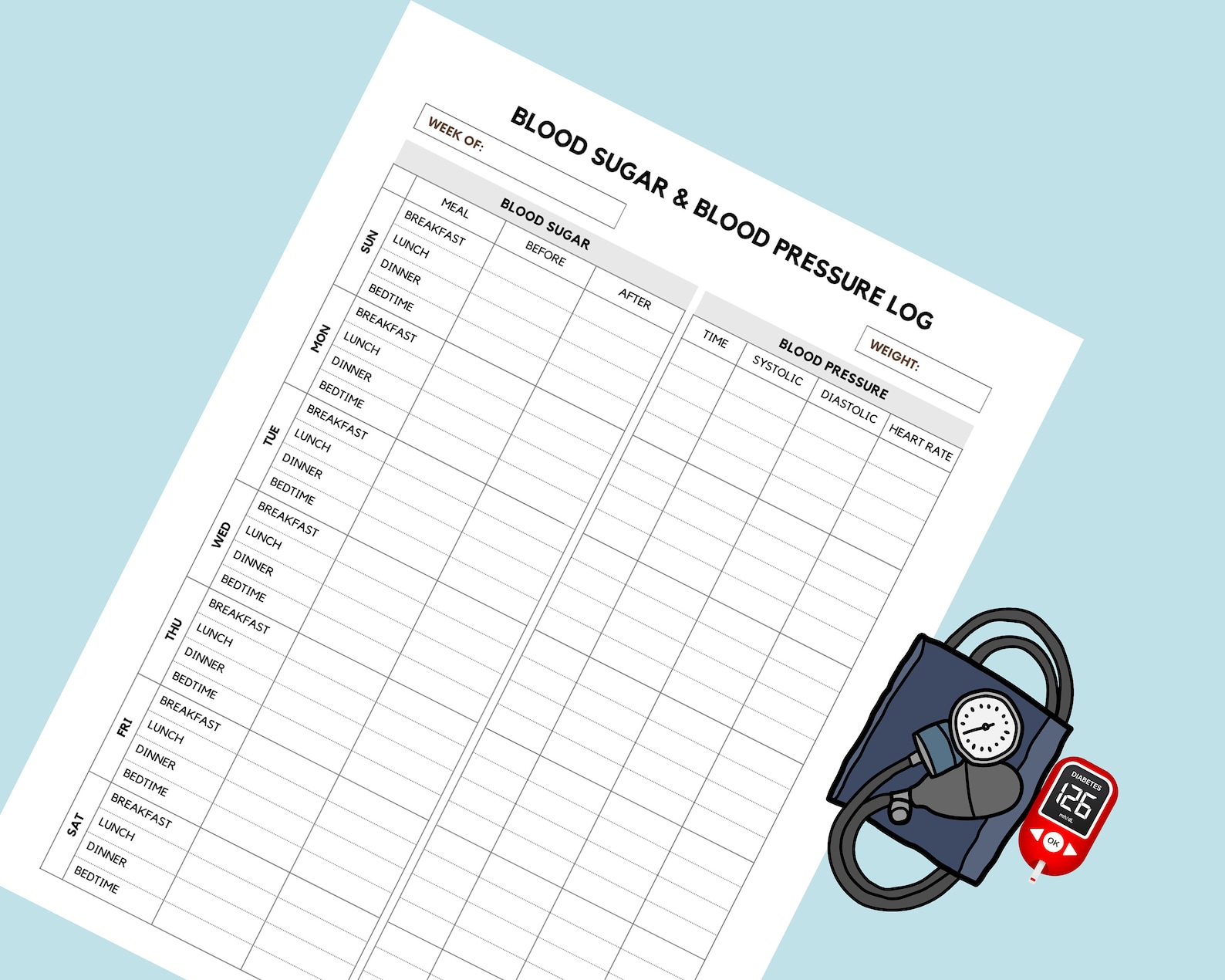 Blood Sugar Log and Blood Pressure Log Printable Blood Glucose Tracker ...