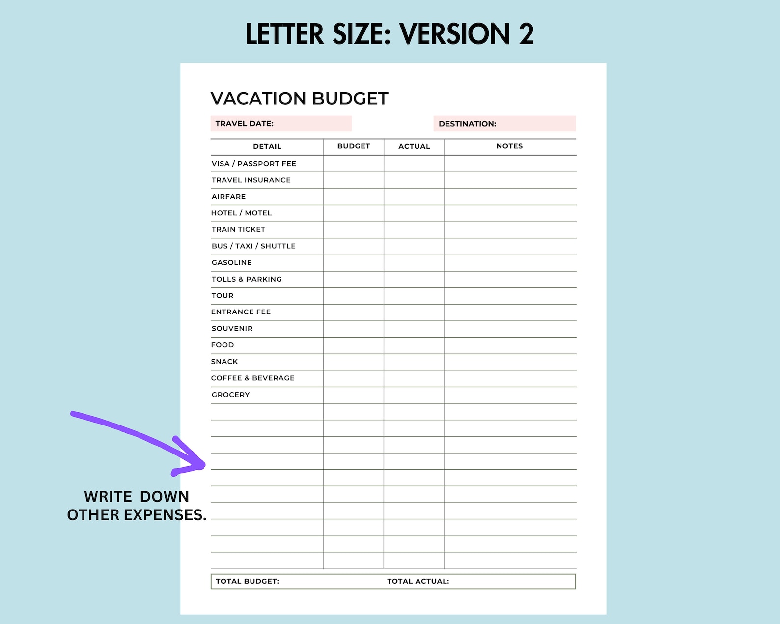Vacation Budget Planner Printable Travel Budget Planner, Vacation ...