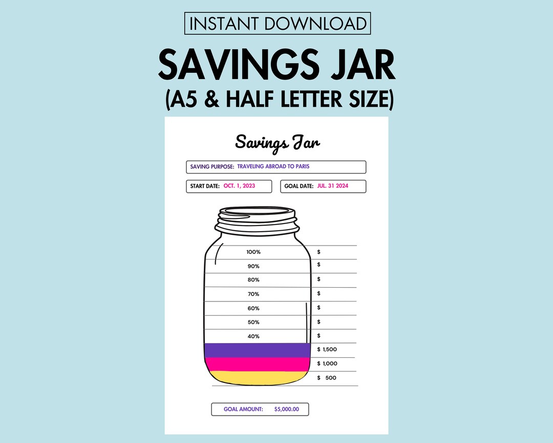 Money Saving Tracker Printable Saving Jar Goal Tracker PDF, Vacation ...