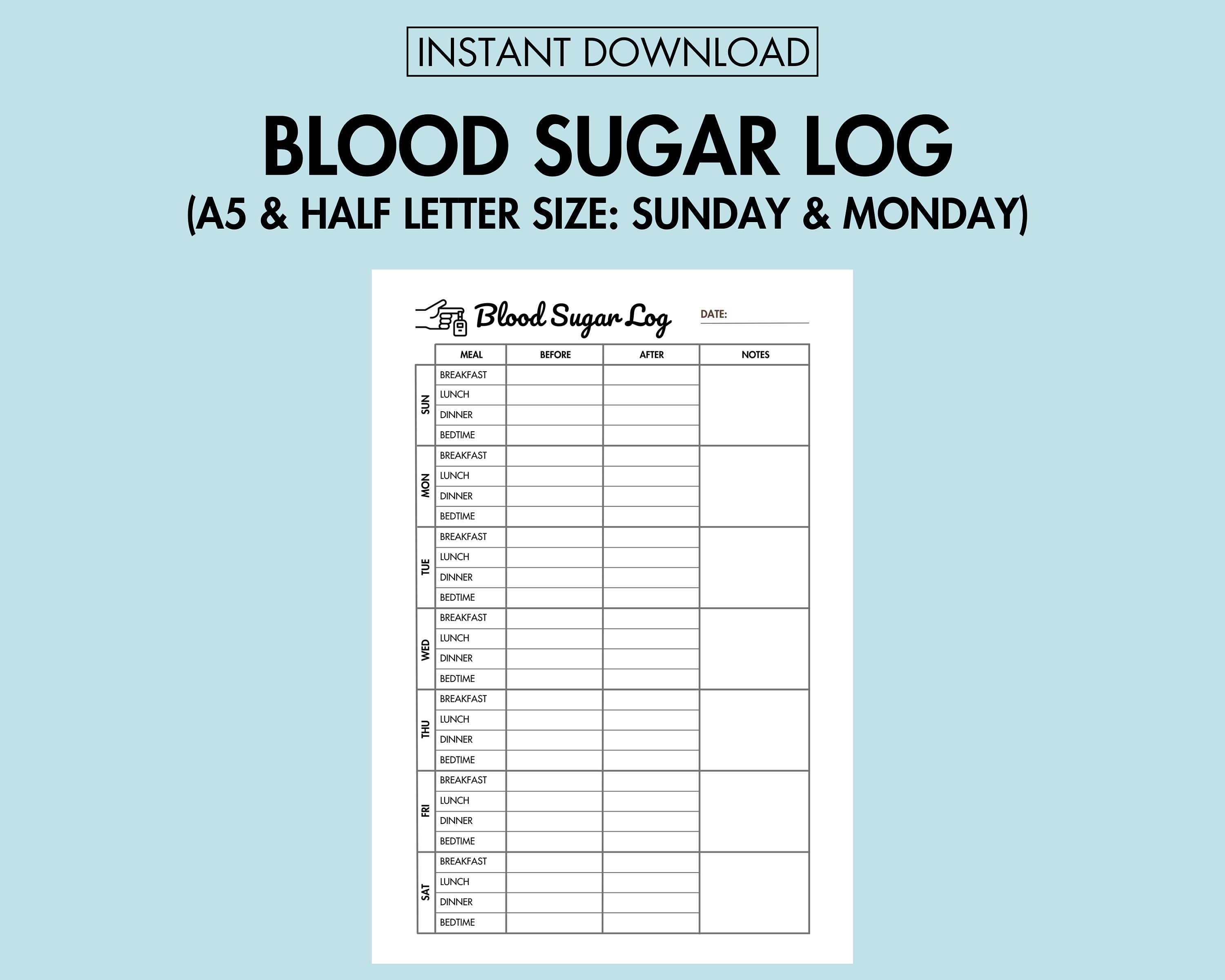 Blood Sugar Log Printable Weekly Diabetes Tracker, Blood Sugar Journal ...