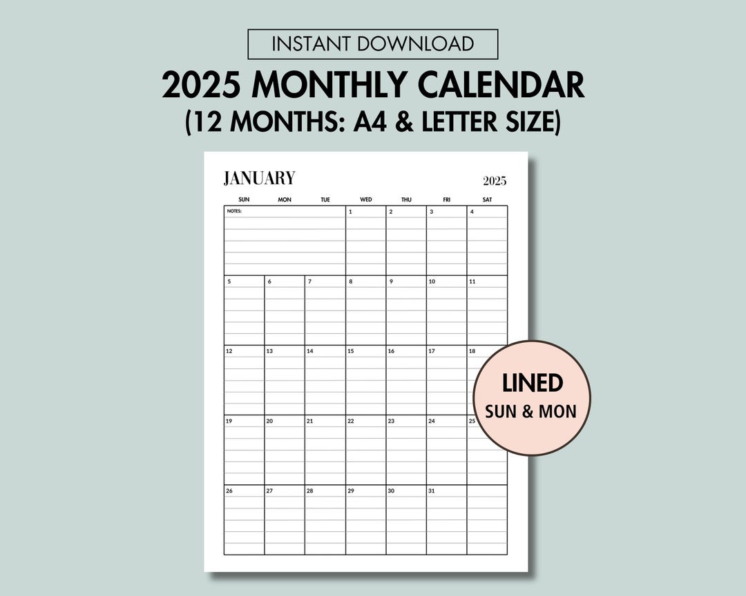 2025 Monthly Calendar Printable 2025 Lined Calendar With Note 2025 ...