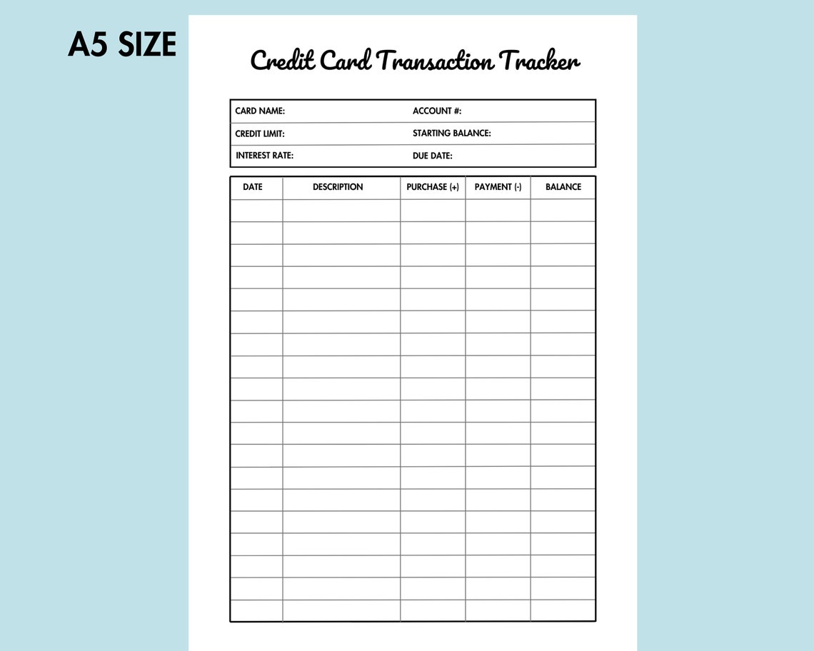 Credit Card Transaction Tracker Printable Debt Tracker PDF, Personal ...