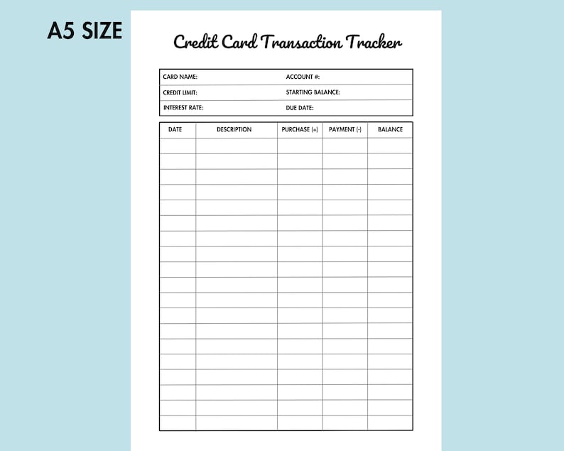 Credit Card Transaction Tracker Printable Debt Tracker PDF, Personal ...