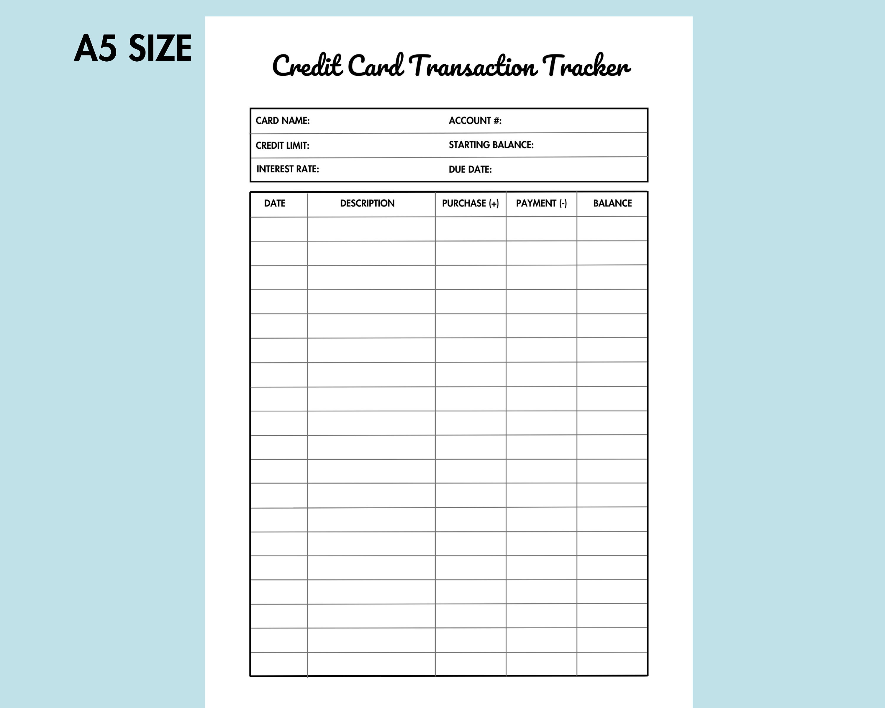 Credit Card Transaction Tracker Printable Debt Tracker PDF, Personal ...