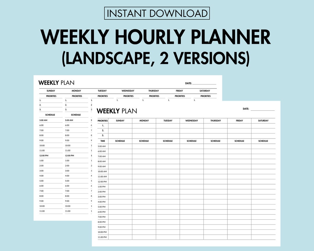 Weekly Hourly Schedule Planner Printable Weekly Hourly Productivity ...