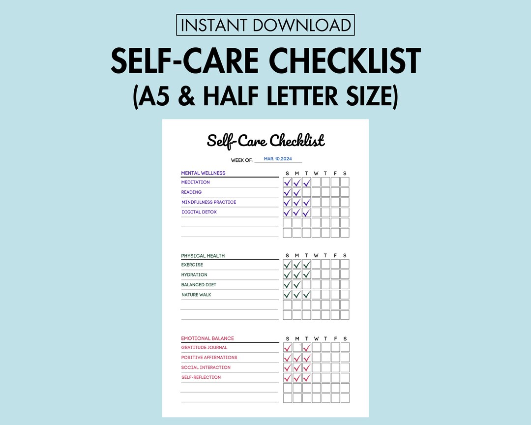 Self Care Checklist Printable Personal Wellness Planner PDF, Weekly ...