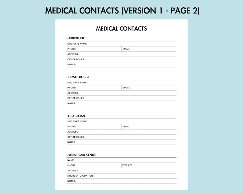 Emergency Contact List Printable Medical Contact Information Sheet PDF ...