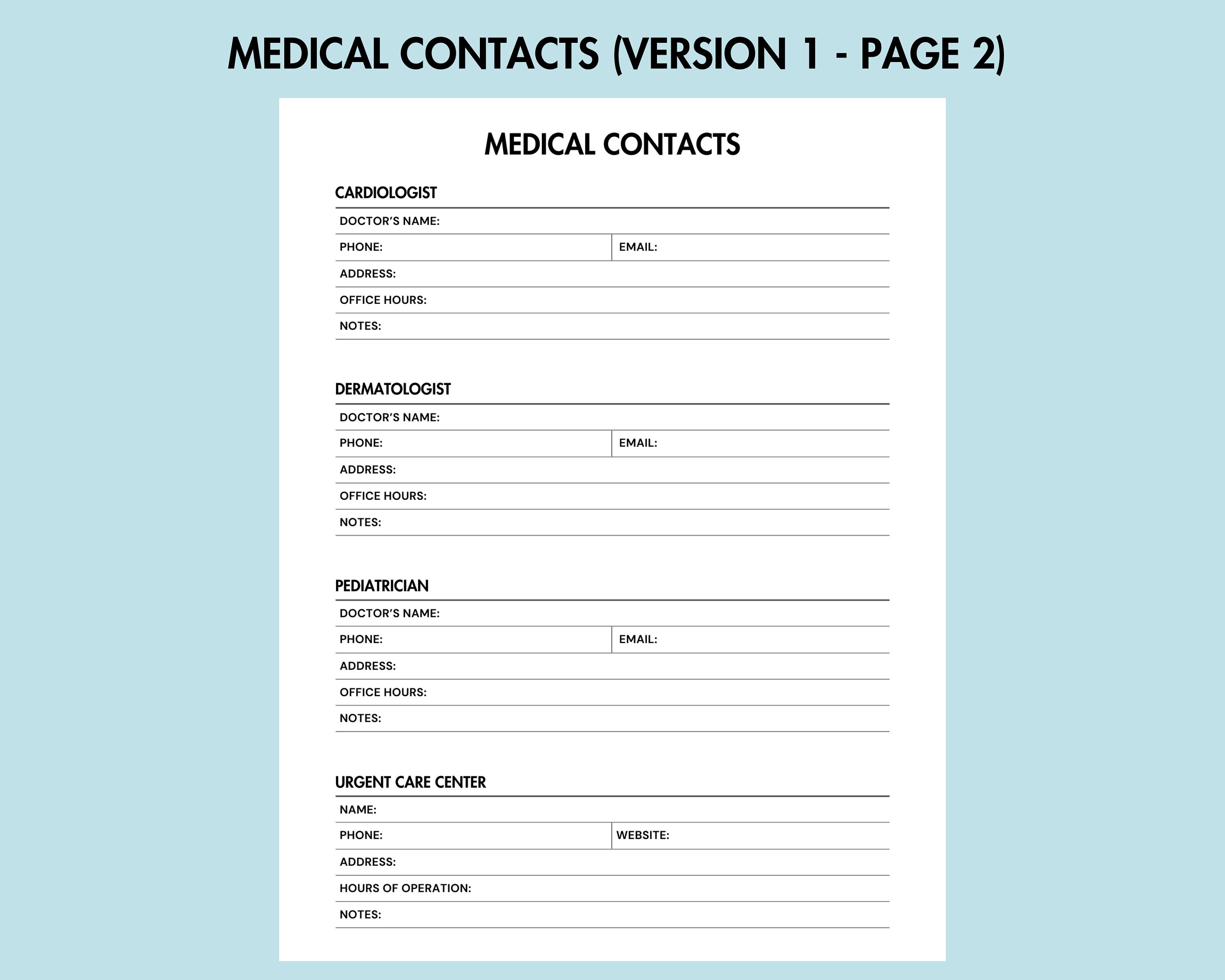 Emergency Contact List Printable Medical Contact Information Sheet PDF ...