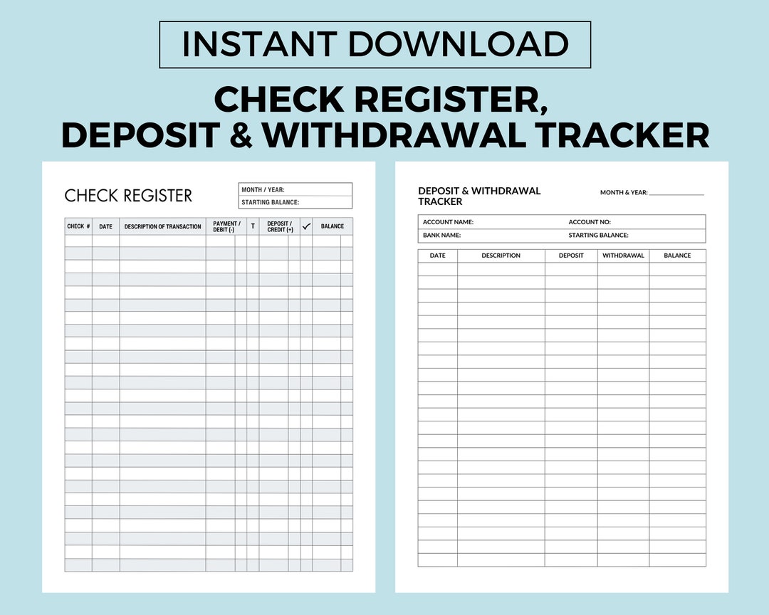 Checkbook Register Printable Check Transaction Tracker, Check Ledger ...