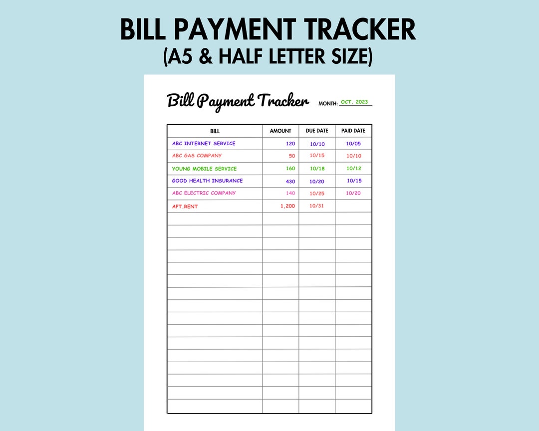 Bill Payment Tracker for Financial Planning Household Debt Payment ...