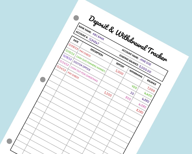Deposit And Withdrawal Tracker Printable Bank Account Ledger Pdf Checkbook Register Check