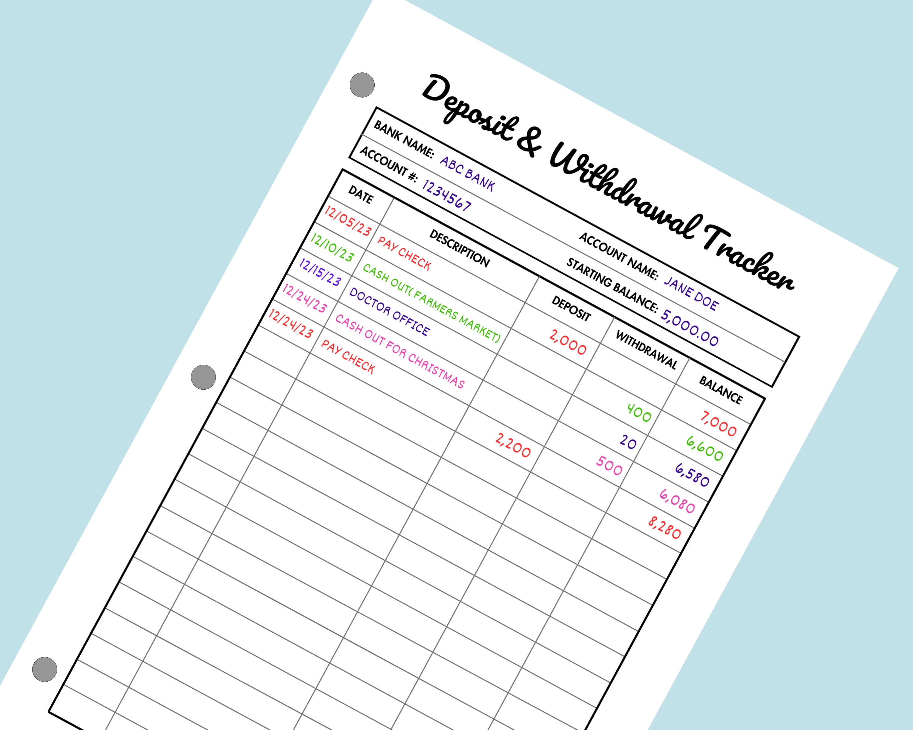 Deposit & Withdrawal Tracker Printable Bank Account Ledger PDF ...