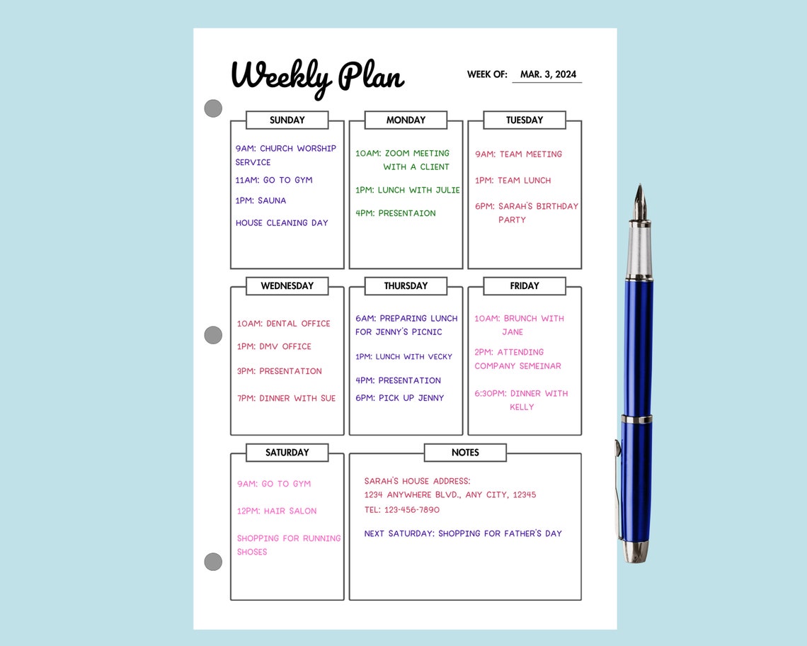 Weekly Planner Undated Printable Weekly Work Schedule PDF Weekly to Do ...