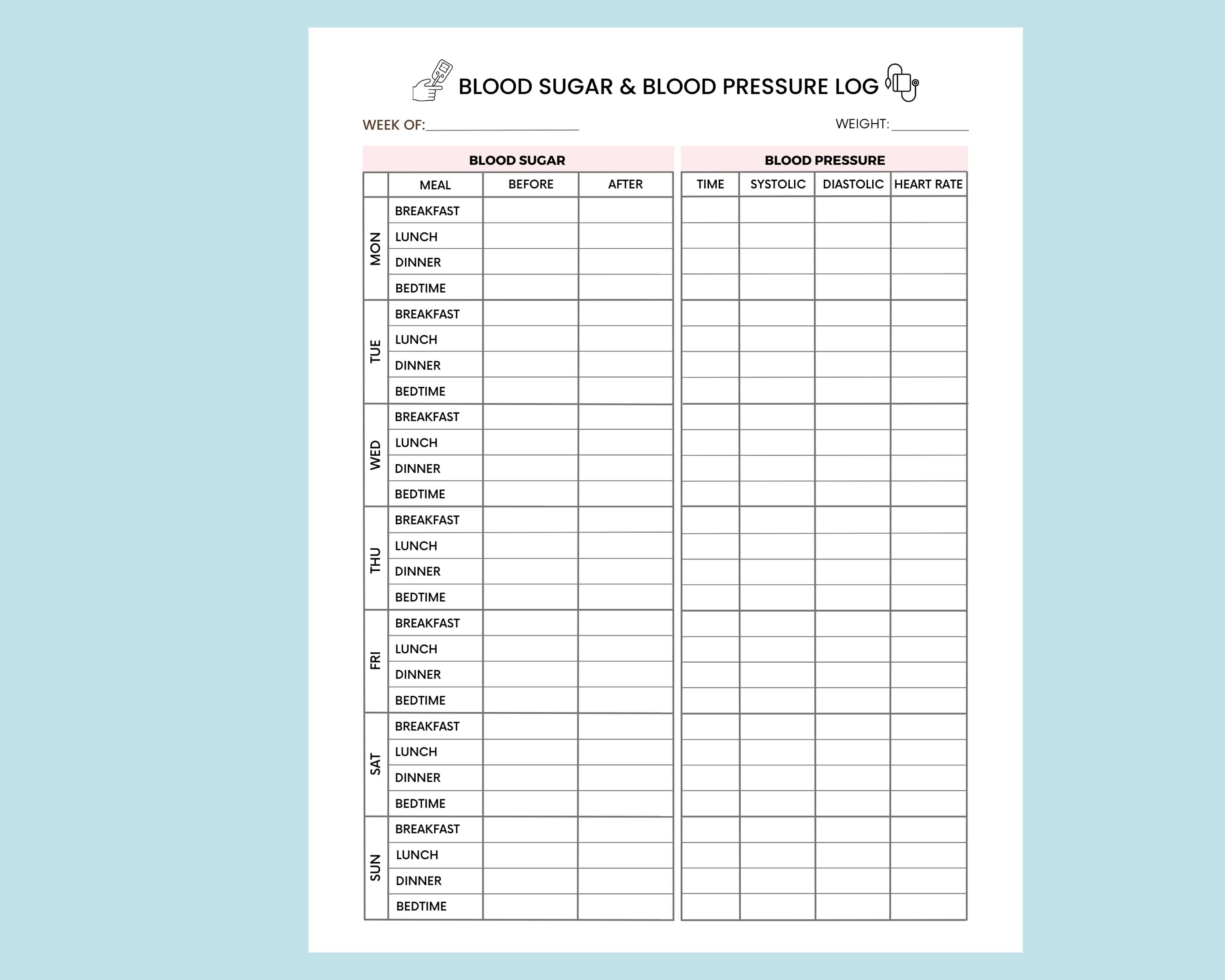 Blood Sugar Log and Blood Pressure Log Digital Download, Blood Sugar ...