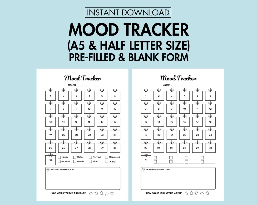 Mood Tracker Printable Daily Mood Journal PDF Monthly Emotion Tracker ...