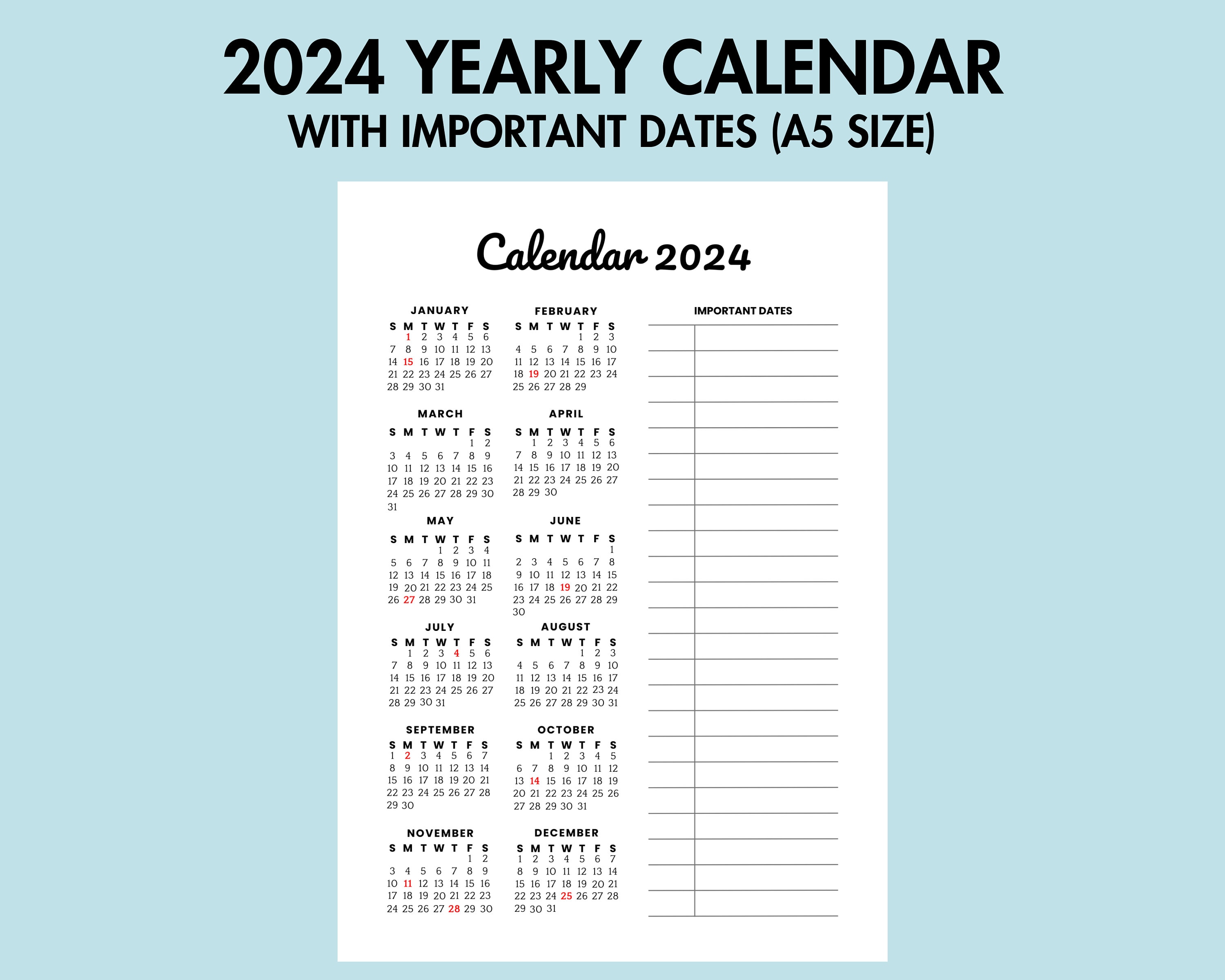 2024 Yearly Calendar Printable, 2024 Yearly View Calendar With ...
