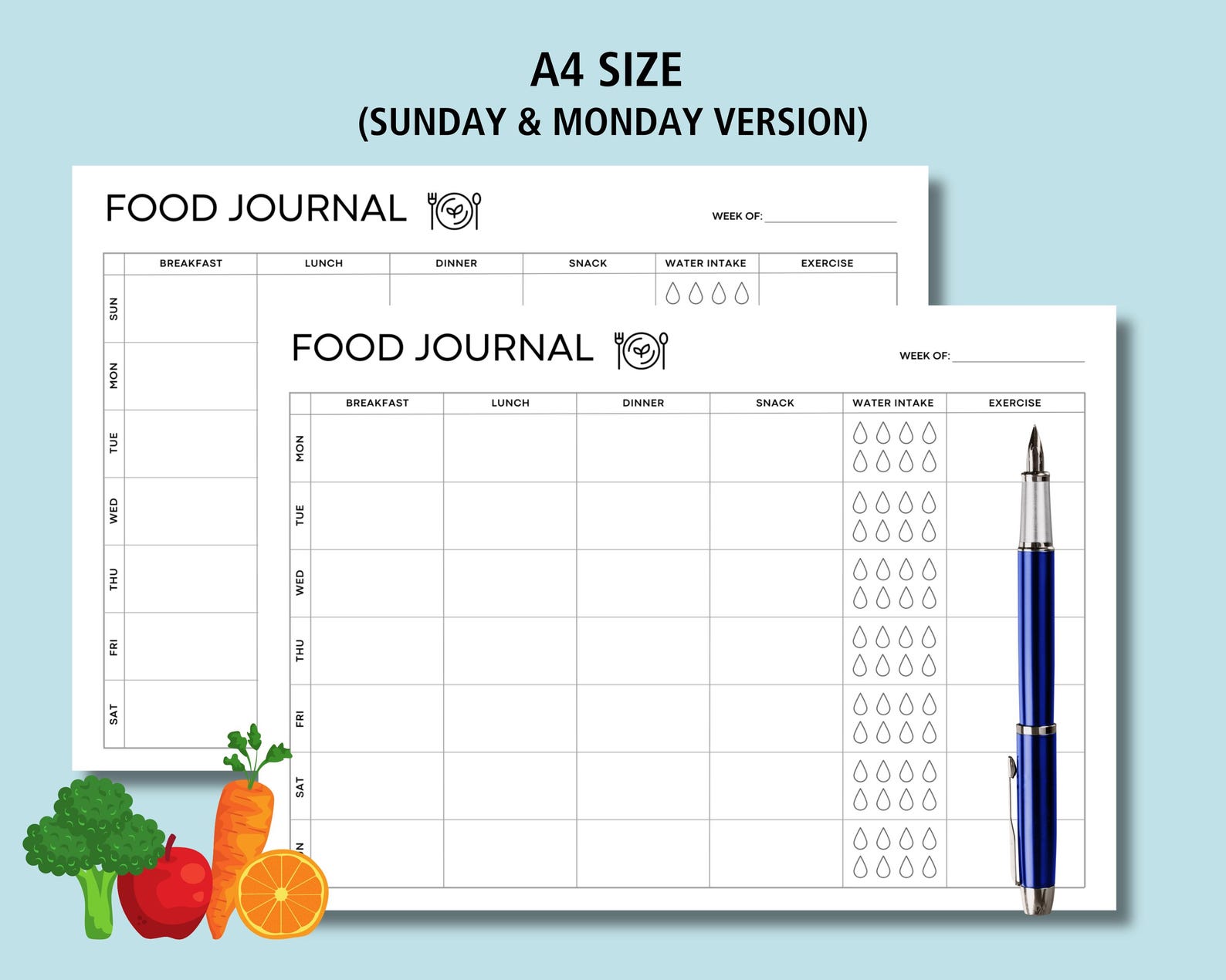 Weekly Food Journal Printable Weekly Food Diary, Meal Planner and Water ...